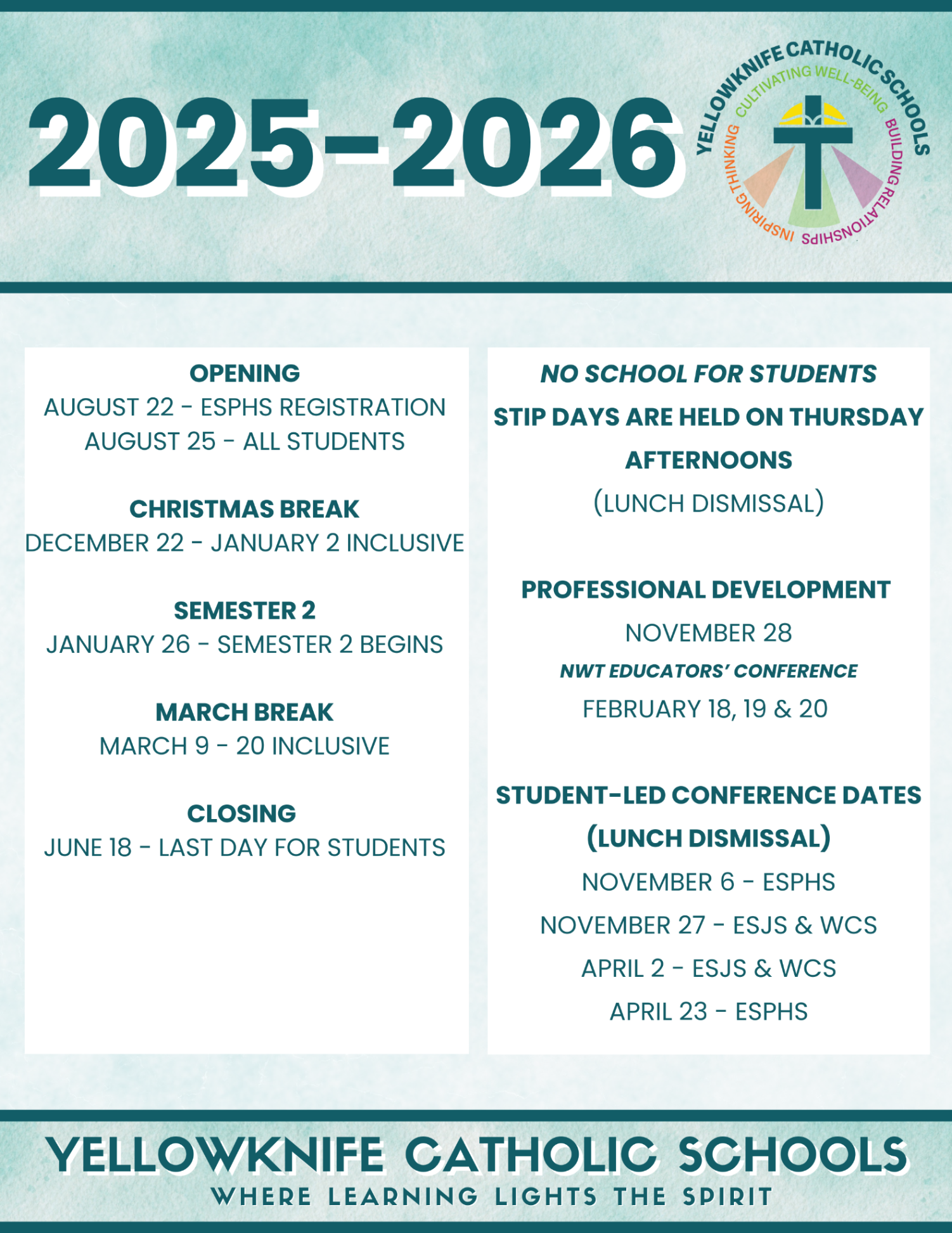 2025-2026 Family Calendar - Weledeh Catholic School